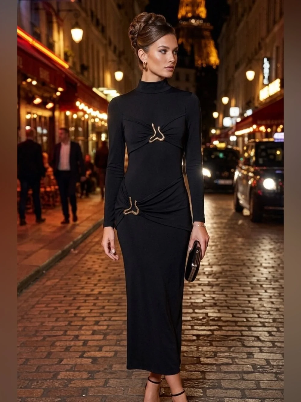 SHEIN | Dresses | Shein Black Long Sleeve Midi Dress With Gold Hardware ...